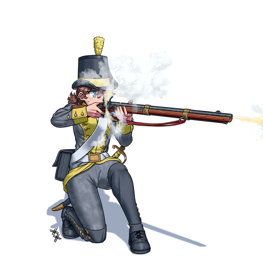 Safebooru - 1girl absurdres antique firearm blue eyes brown hair finger ...