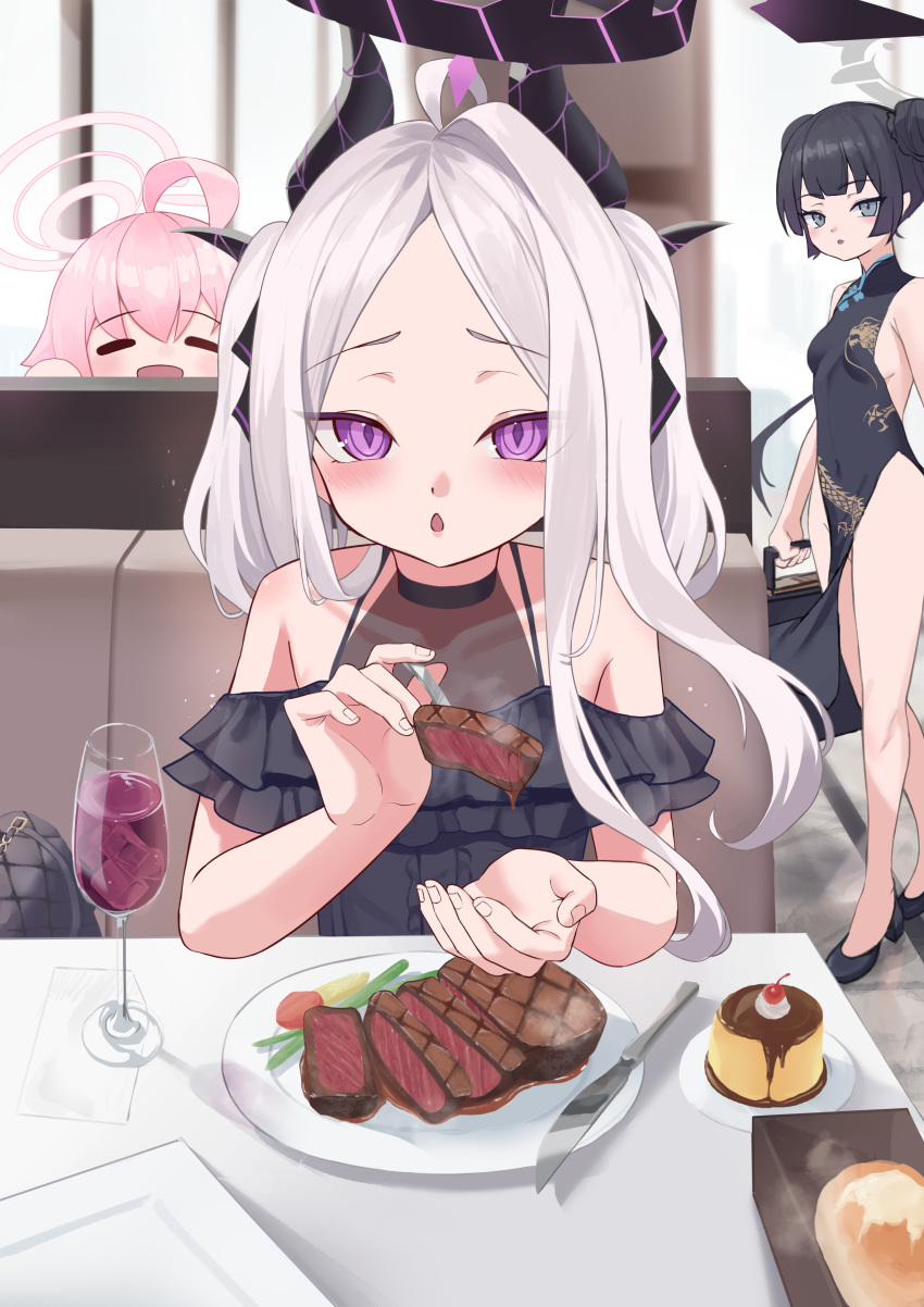 Safebooru - 3girls = = absurdres bag bare shoulders black dress black footwear black hair blue ...