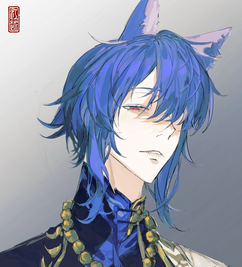 Safebooru - 1boy absurdres animal ears artist request bead necklace beads black shirt blue hair ...