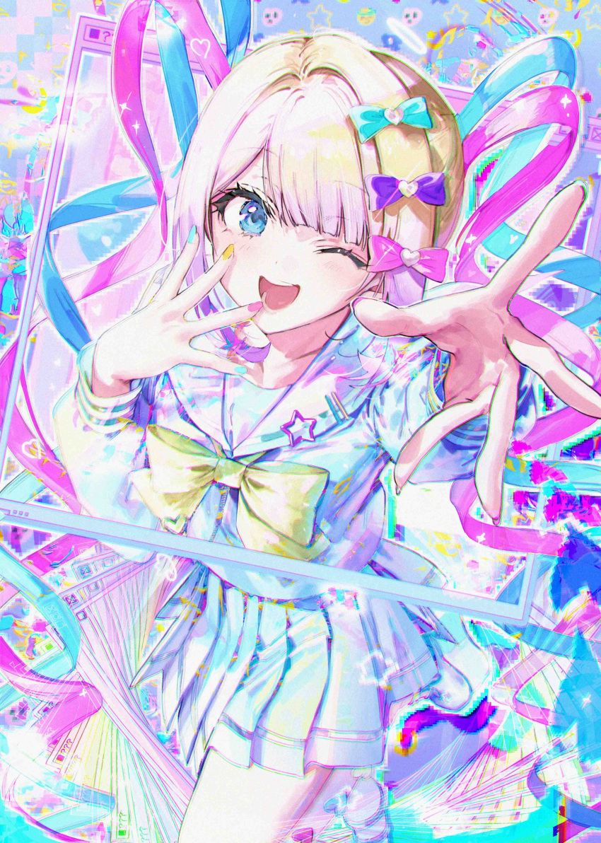 Safebooru - 1girl ;d absurdres blonde hair blue bow blue hair blue nails blue serafuku blue ...