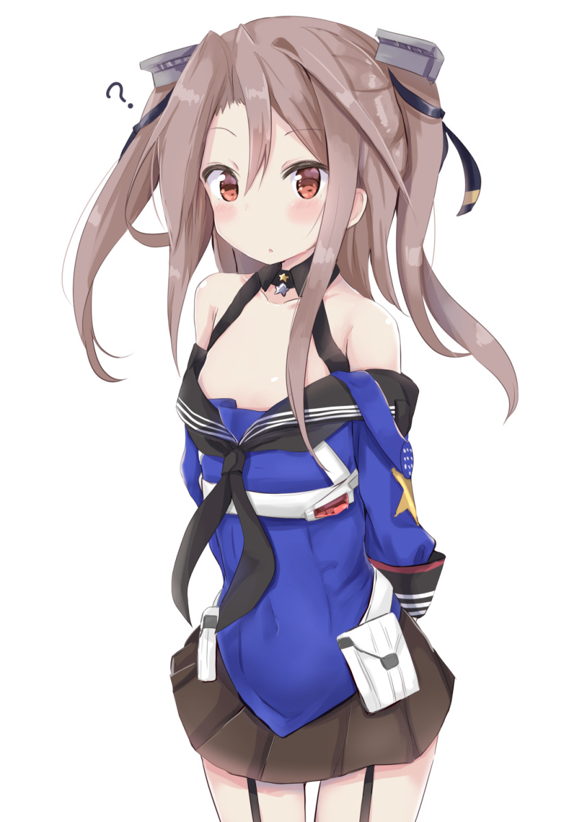 Safebooru - 1girl :o ? amano kouki bangs bare shoulders black neckwear blue jacket blush brown ...