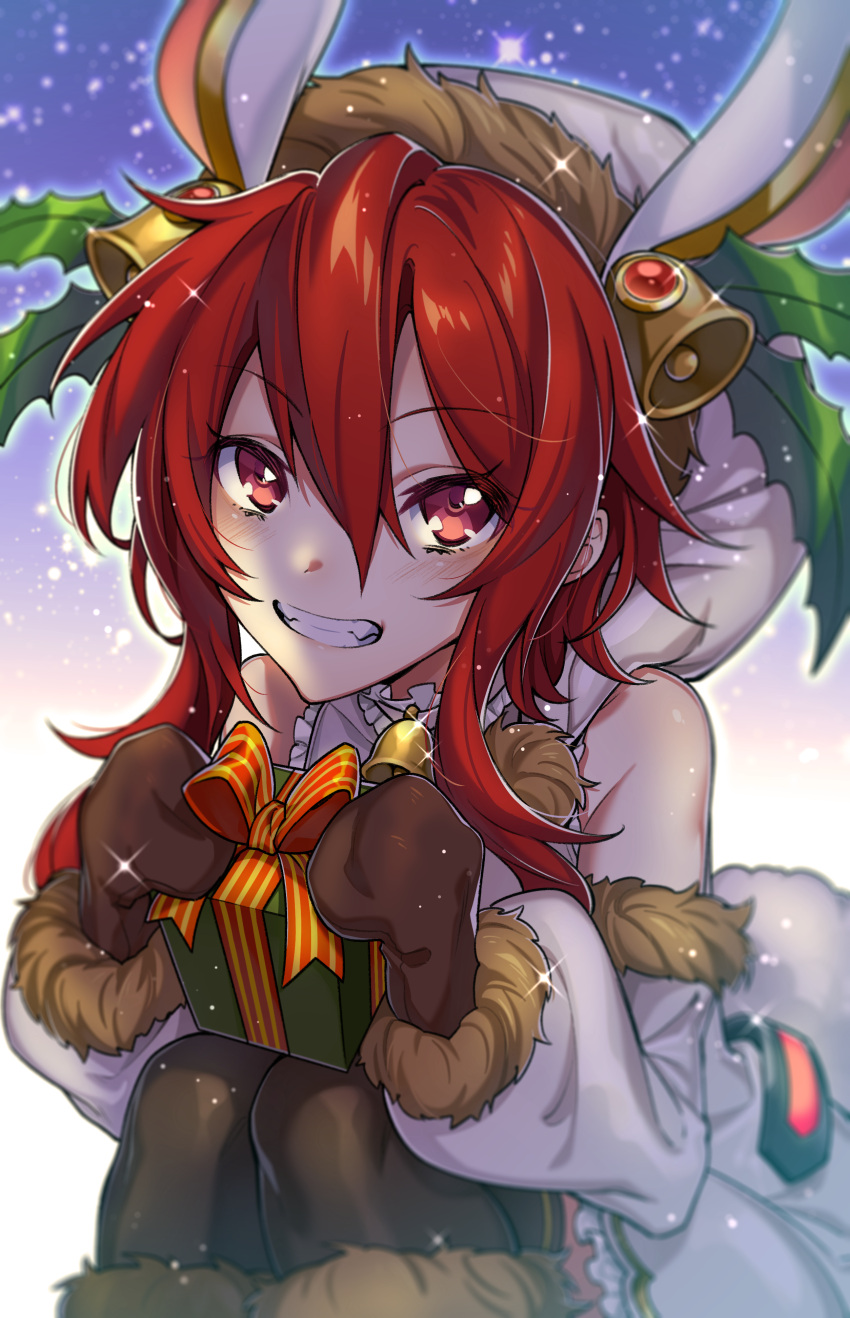 Safebooru - 1girl :d absurdres animal ears bare shoulders bell brown gloves character request ...