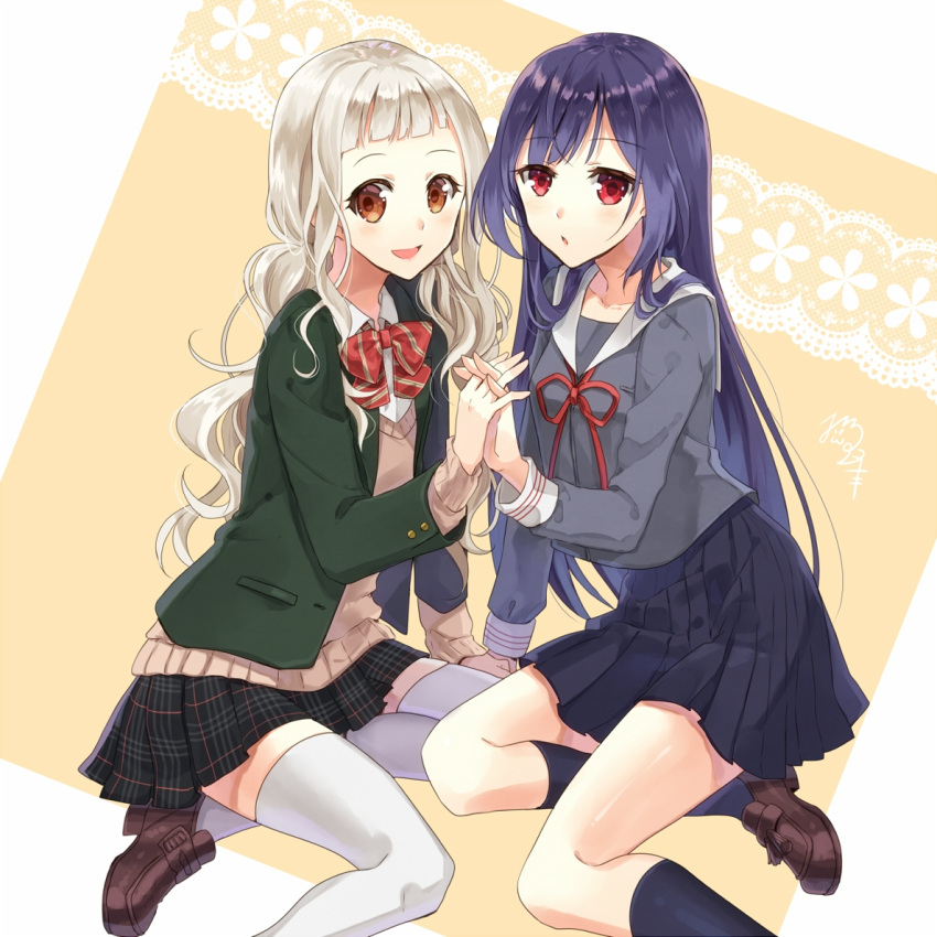 Safebooru - 2girls :d :o bangs black skirt blazer blonde hair blue hair blunt bangs blush bow ...