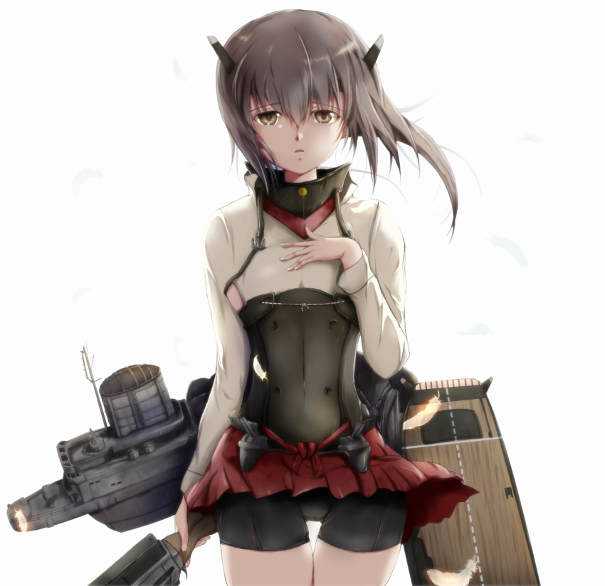 Safebooru - 1girl bike shorts brown eyes brown hair cowboy shot flat chest flight deck hand on ...