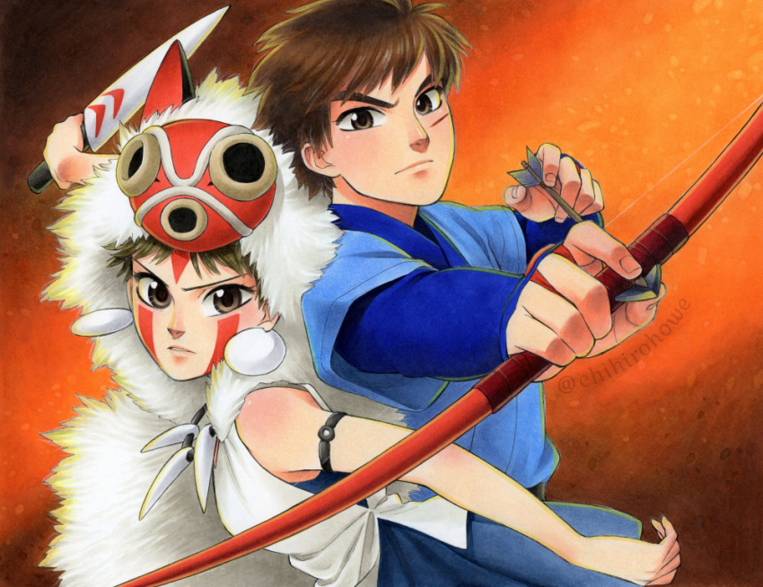 Safebooru - 1boy 1girl arrow ashitaka bow (weapon) breasts brown eyes ...