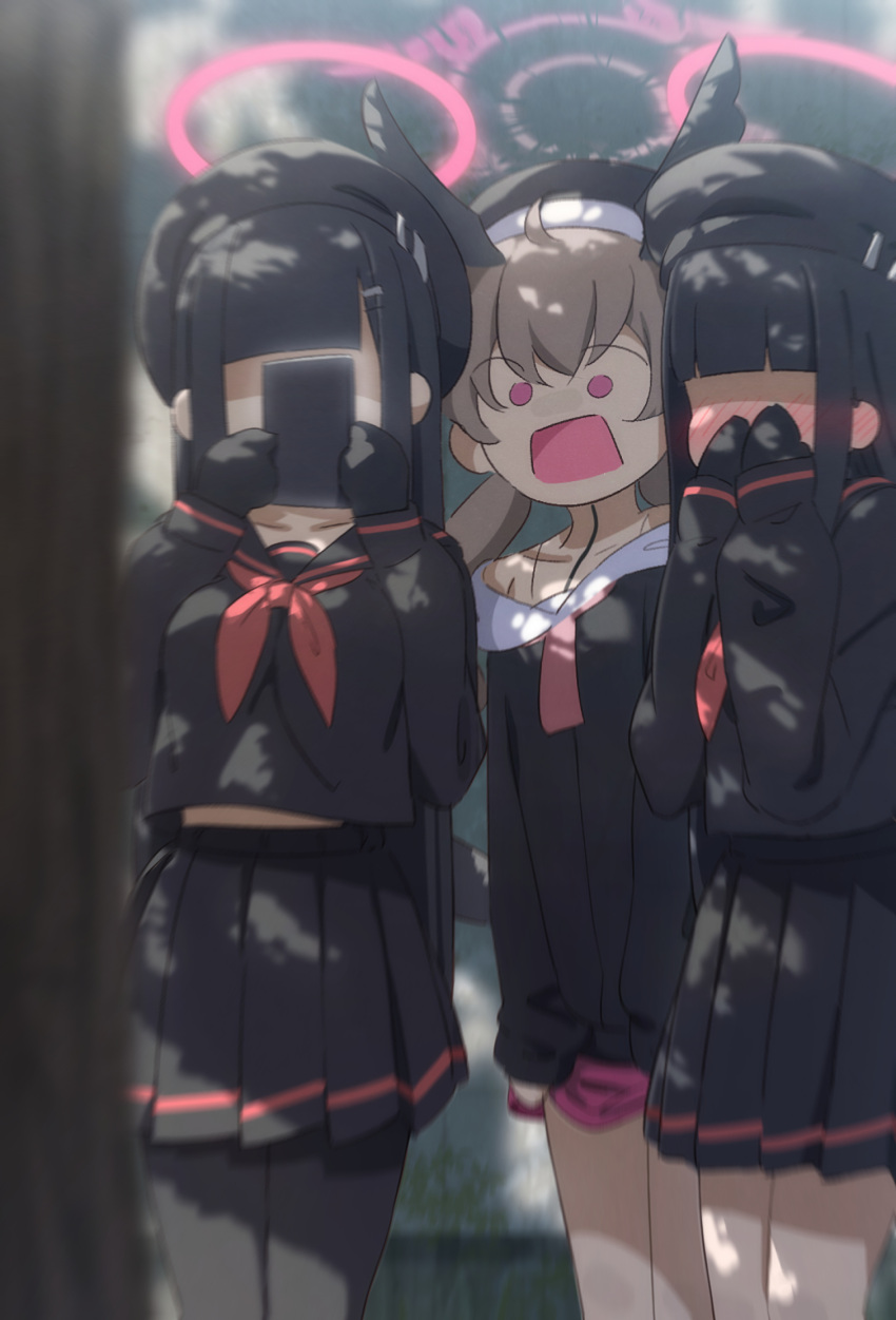 Safebooru - 3girls :o beret black gloves black hat black pantyhose ...