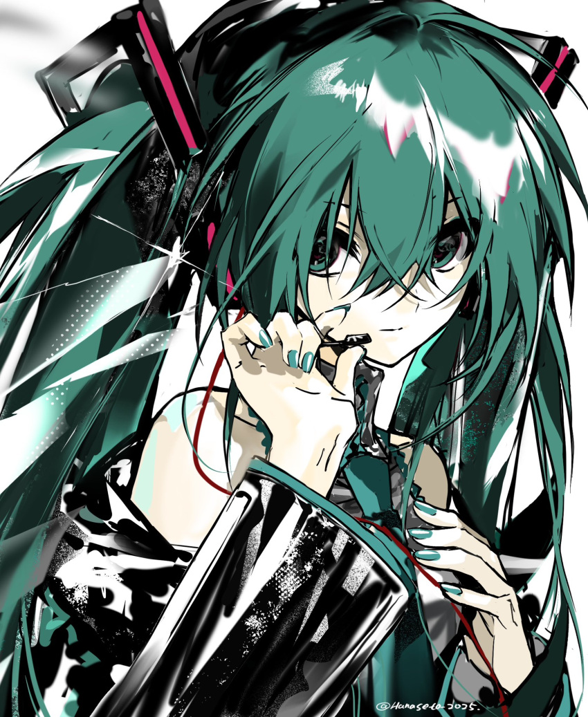 Safebooru - 1girl aqua eyes aqua hair aqua nails aqua necktie bare shoulders black sleeves ...