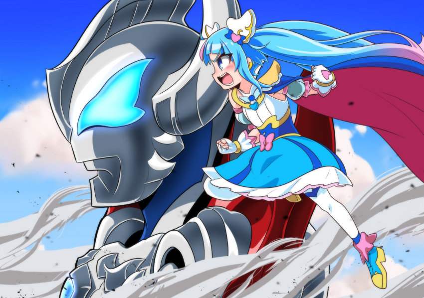 Safebooru - 1boy 1girl alien ankle boots armor blue cape blue dress blue eyes blue footwear blue ...