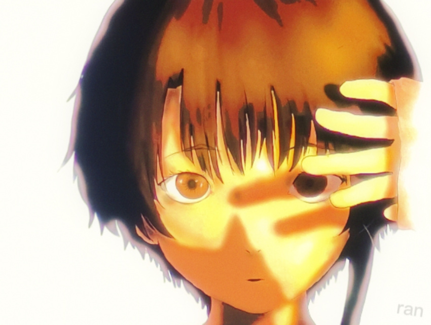 Safebooru - 1girl brown eyes brown hair hand up iwakura lain looking at ...