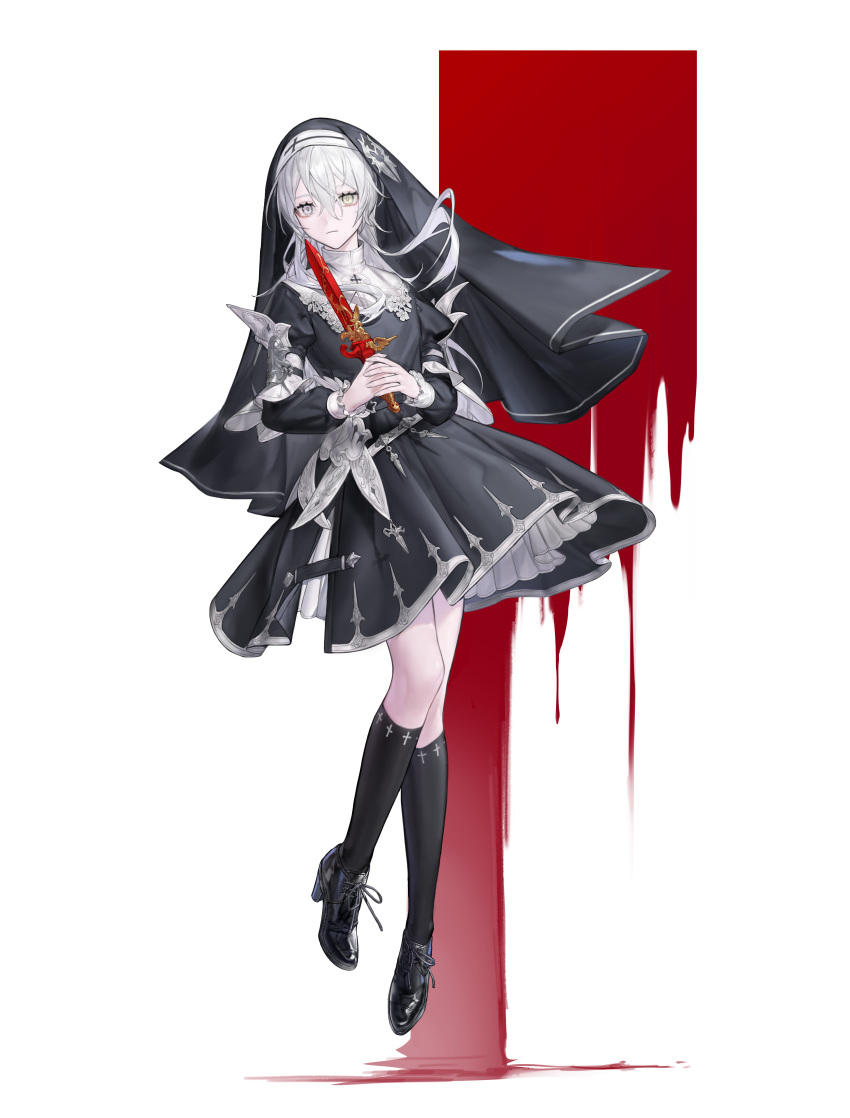 Safebooru - 1girl absurdres black dress black footwear black socks black veil commentary dagger ...