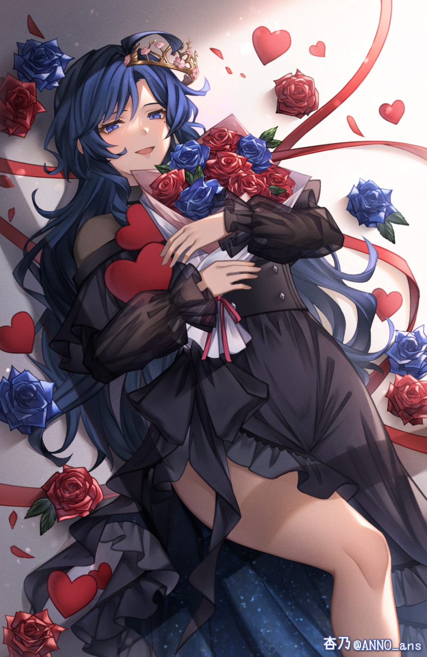 Safebooru - 1girl :d absurdres ahoge annno ans artist name black dress blue eyes blue flower ...