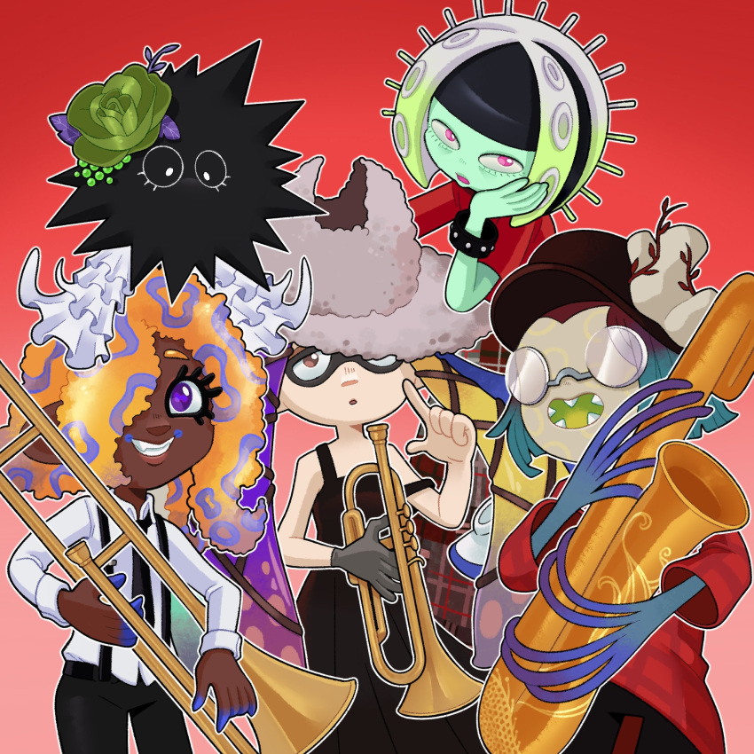 Safebooru - 5girls artist request black dress black necktie black pants ...