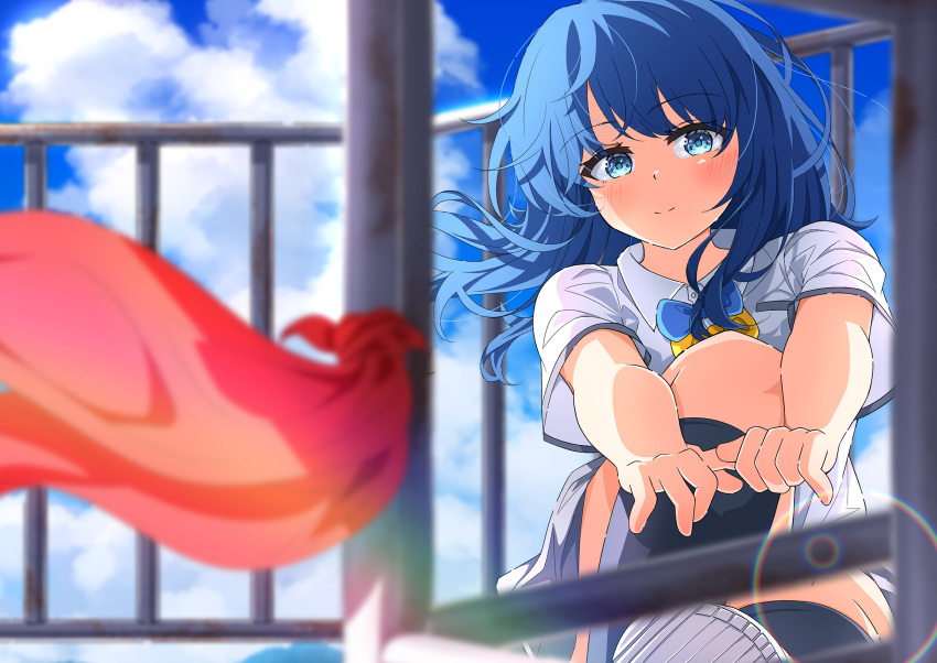 Safebooru - 1girl absurdres black socks blue bow blue bowtie blue eyes blue hair blue sky blurry ...