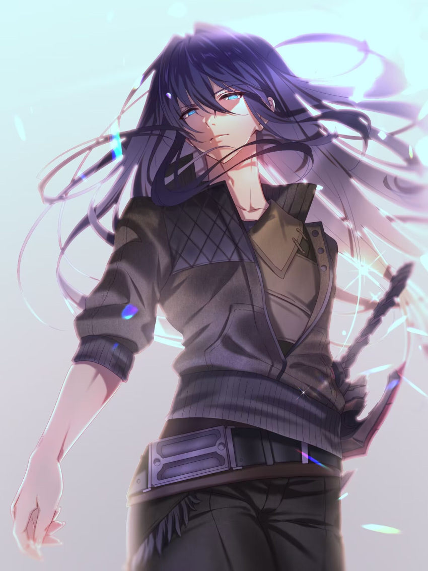 Safebooru - 1boy black jacket black pants black shirt blue eyes closed mouth collarbone ...