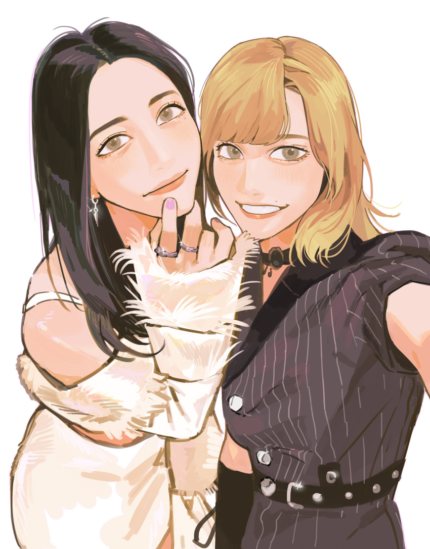 Safebooru - 2girls absurdres b w (grhessnuo) belt black belt black hair blonde hair brown eyes ...