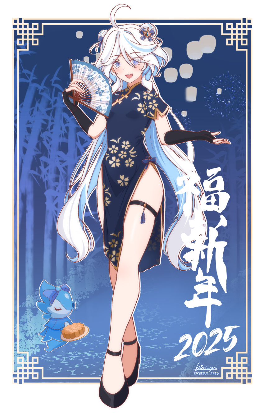 Safebooru - 1girl absurdres bamboo black gloves blue eyes blue hair china dress chinese clothes ...