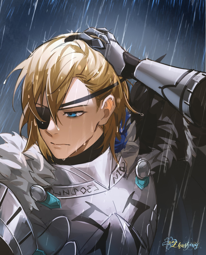 Safebooru - 1boy absurdres arm up armor artist name black fur blue eyes breastplate closed mouth ...