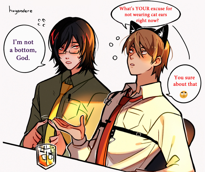 Safebooru - 2boys animal ears blush cat ears chest harness death note drunk glasses harness ...
