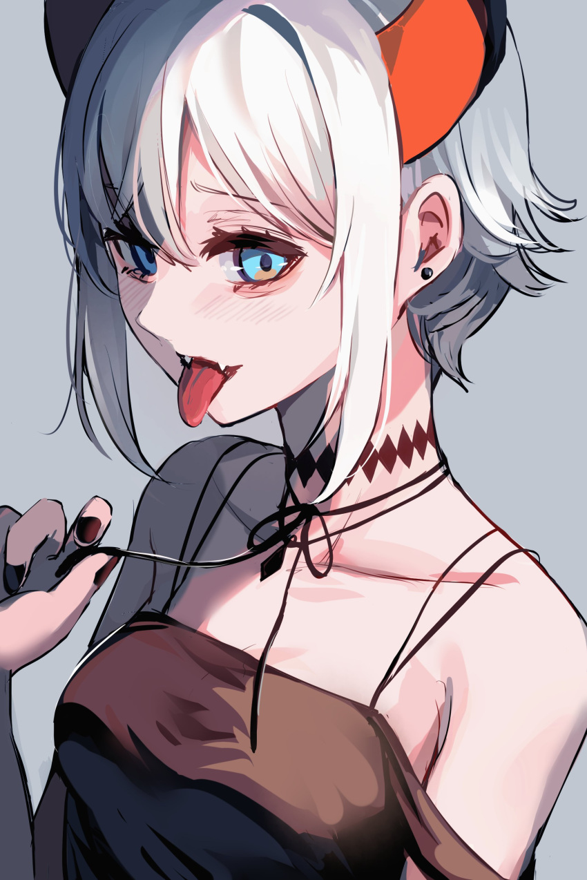Safebooru - 1girl absurdres bare shoulders black horns black nails blue eyes earrings fangs grey ...