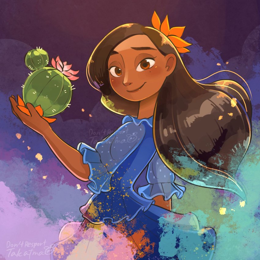 Safebooru - 1girl blue dress brown eyes brown hair cactus dark-skinned ...
