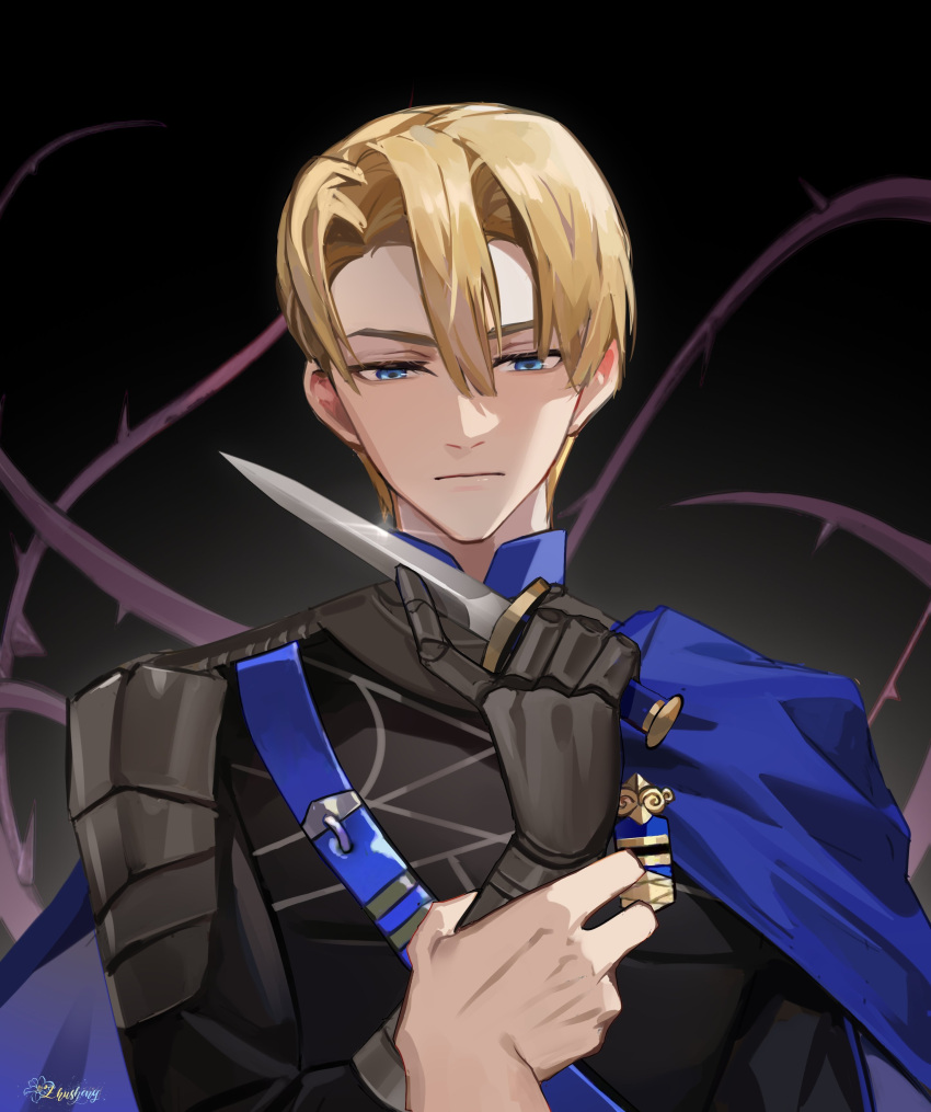 Safebooru - 1boy absurdres arm up armor armored gloves belt black background blonde hair blue ...