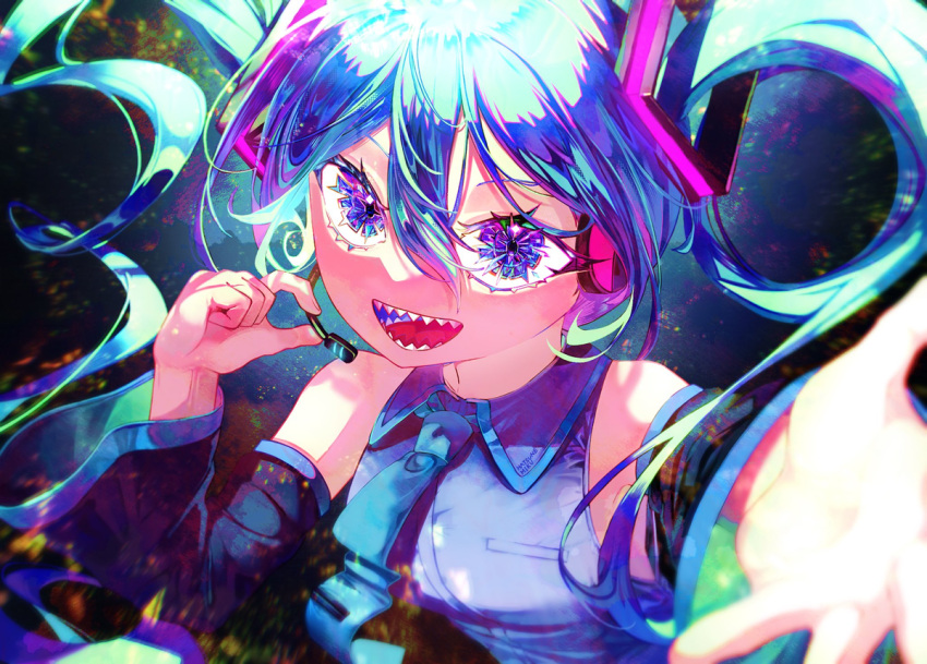 Safebooru - 1girl aqua hair blue hair blue necktie detached sleeves glowing eyes grey shirt hair ...