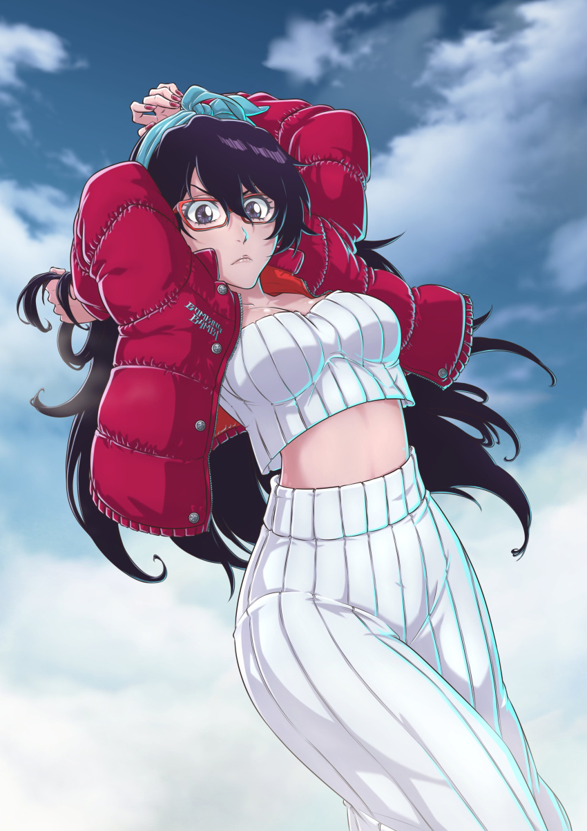 Safebooru - >:( 1girl absurdres alternate costume arms behind head ...