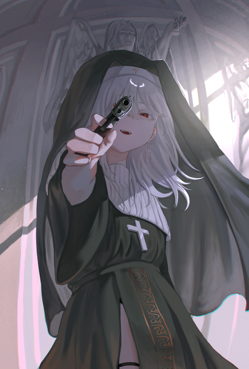 Safebooru - 1girl absurdres aiming aiming at viewer cowboy shot cross cross necklace guimpe gun ...