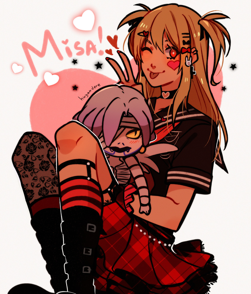 Safebooru - 2girls absurdres amane misa animal hair ornament asymmetrical legwear blonde hair ...