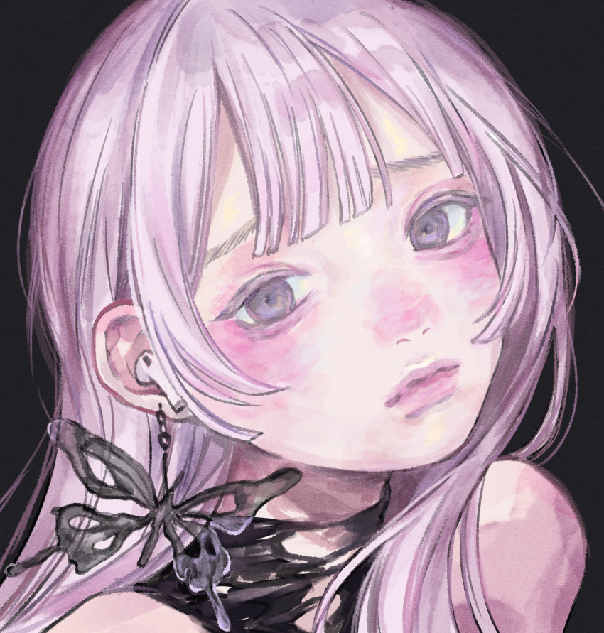 Safebooru 1girl Airpods Bare Shoulders Black Background Butterfly 1507