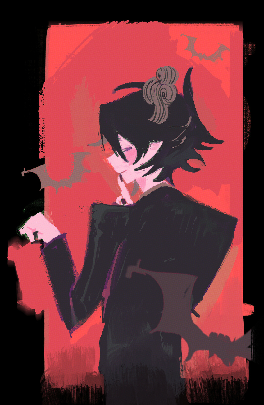 Safebooru - 1boy absurdres bat (animal) black hair black suit demon boy demon horns formal ...