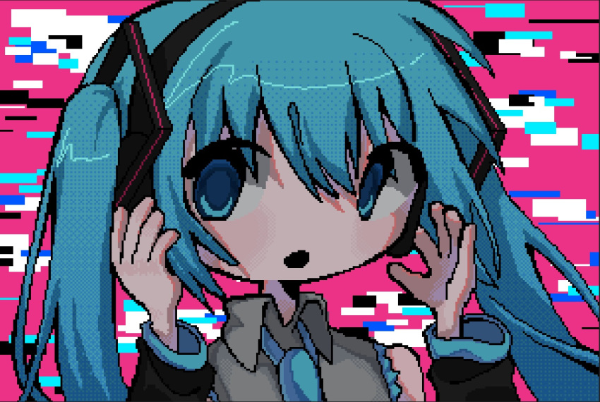 Safebooru 1girl Abstract Background Aqua Eyes Aqua Hair Black Sleeves 9409