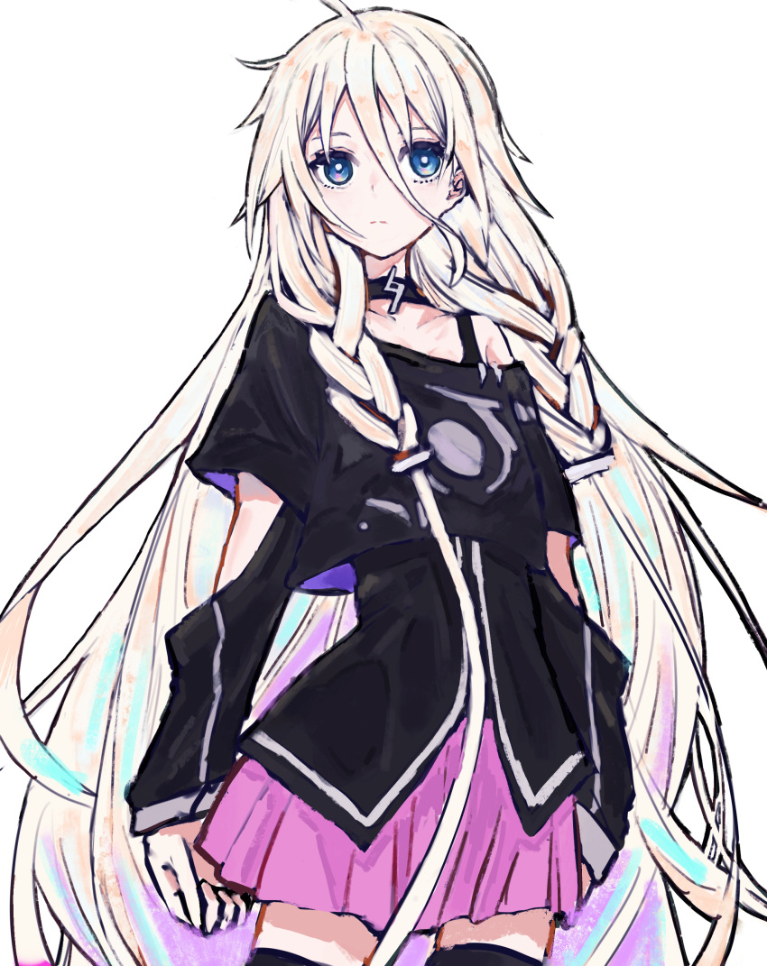 Safebooru - 1girl absurdres ahoge asymmetrical legwear bare shoulders black shirt blonde hair ...