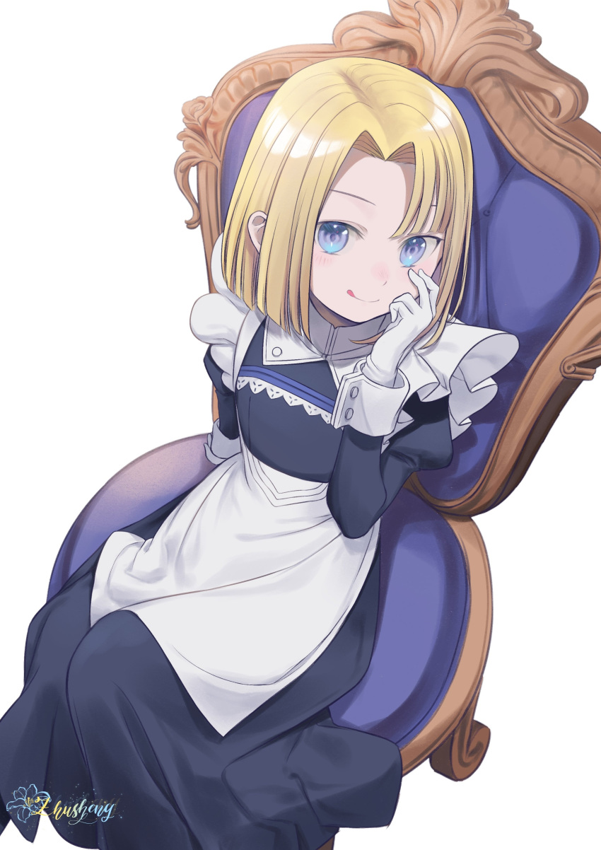 Safebooru - 1boy :d absurdres aged down alternate costume apron artist name black dress blonde ...