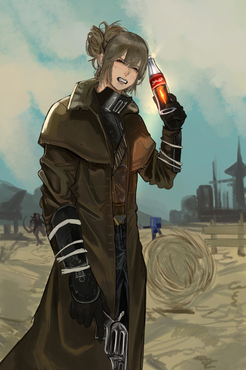 Safebooru - 1girl absurdres black gloves blonde hair body armor bottle ...