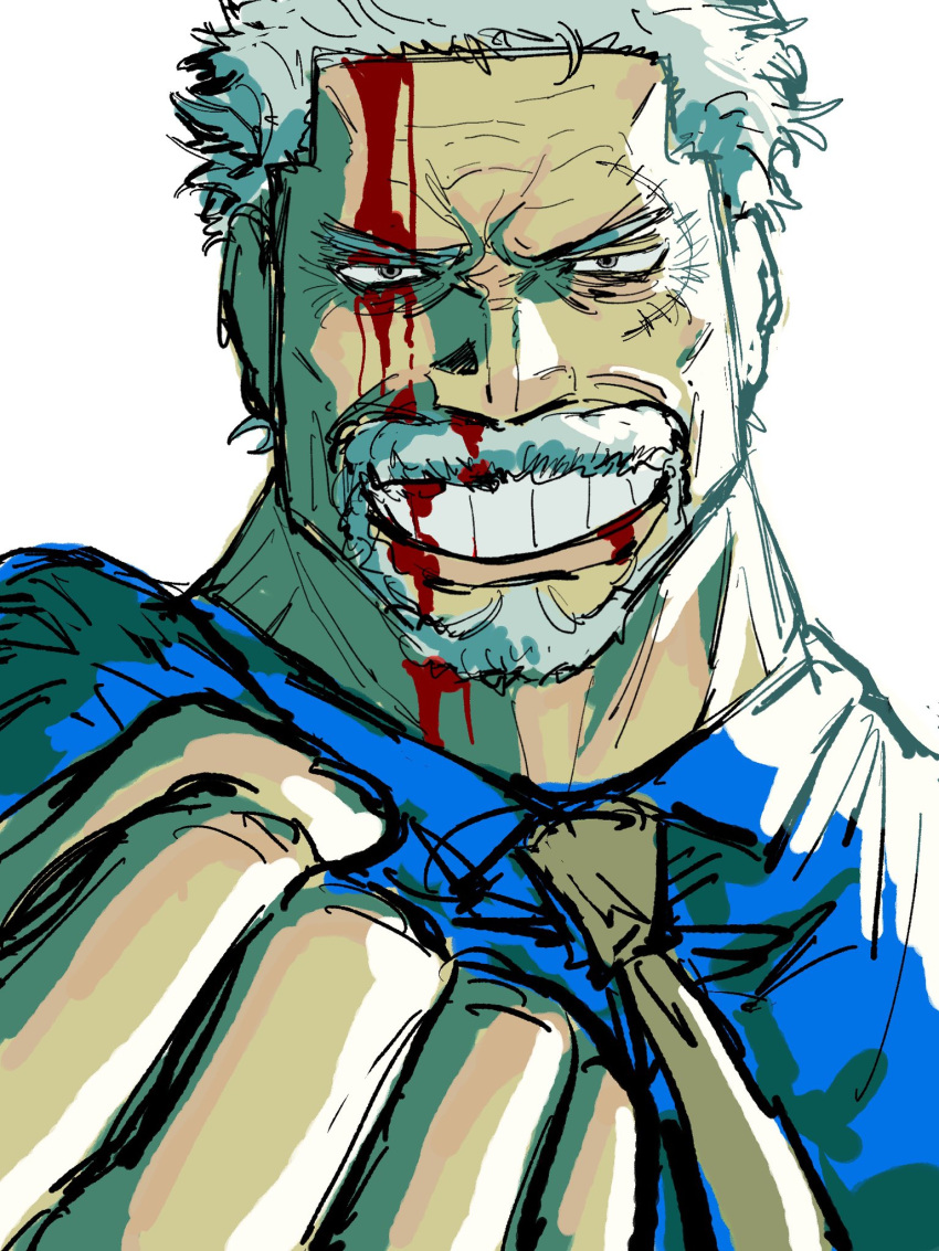 Safebooru - 1boy beard blood blood on face blue shirt clenched hand ...