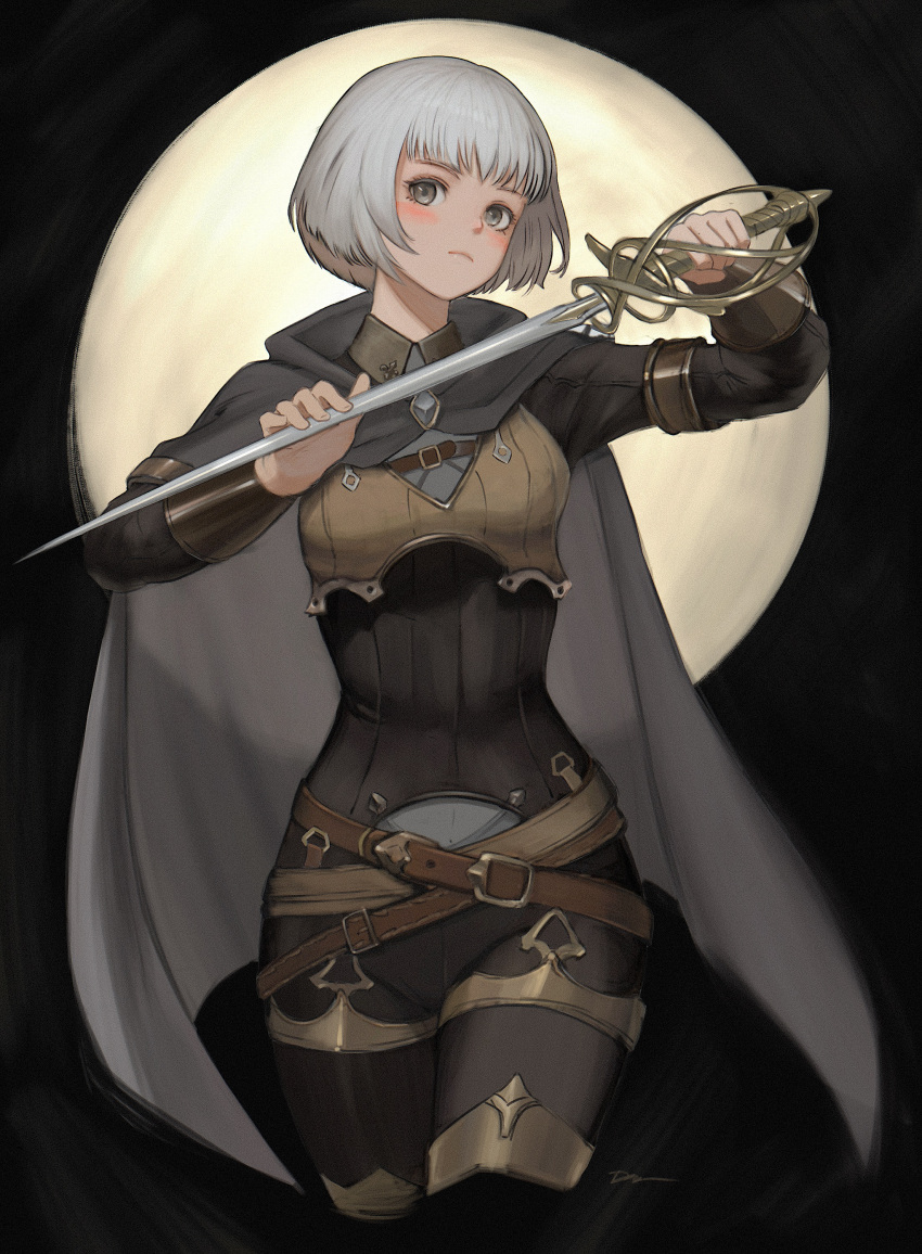 Safebooru - 1girl absurdres armlet basket hilt belt black background blush bracer brown pants ...