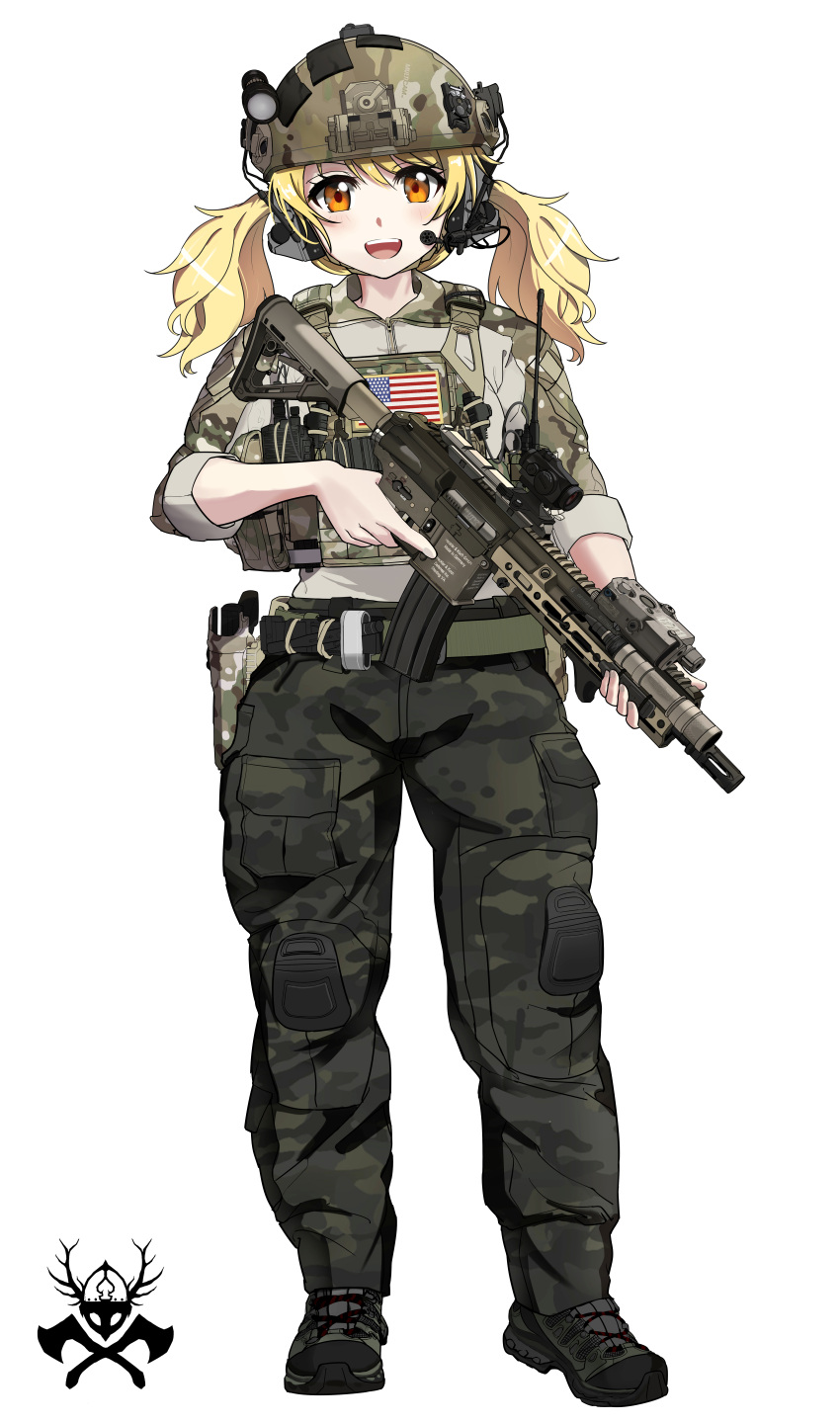 Safebooru - 1girl absurdres american flag ammunition pouch antennae assault rifle belt blonde ...