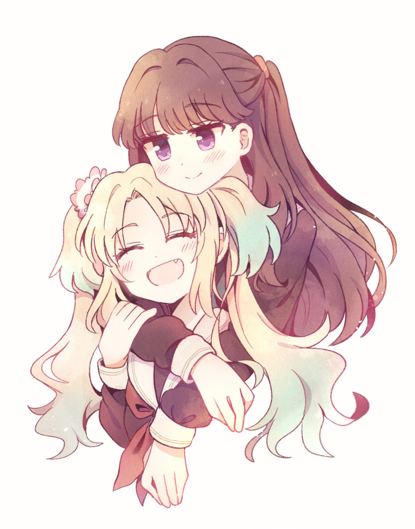 Safebooru - 2girls ^ ^ arm around neck blonde hair blue hair blush brown dress brown hair closed ...