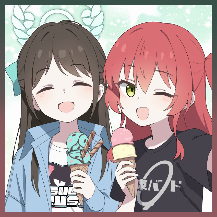 Safebooru - 2girls ;d absurdres airi (band) (blue archive) airi (blue archive) black shirt blue ...