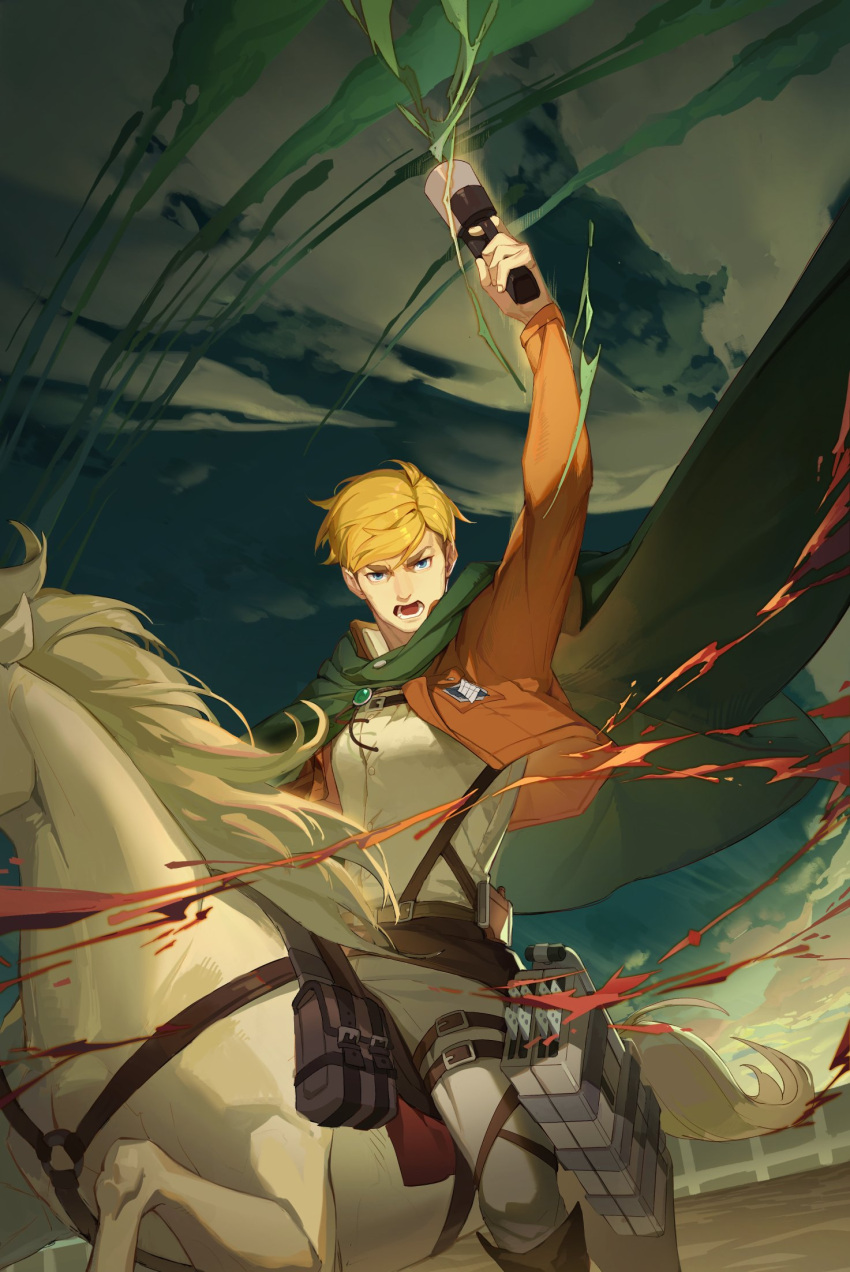 Safebooru - 1boy animal arm up belt belt buckle blonde hair blue eyes bolo tie boots brown belt ...