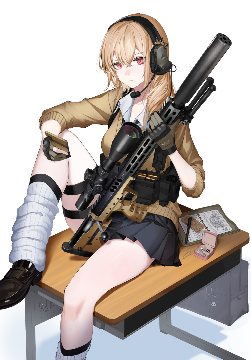 Safebooru - 1girl absurdres bag bipod black footwear black skirt blonde hair bullet cellphone ...