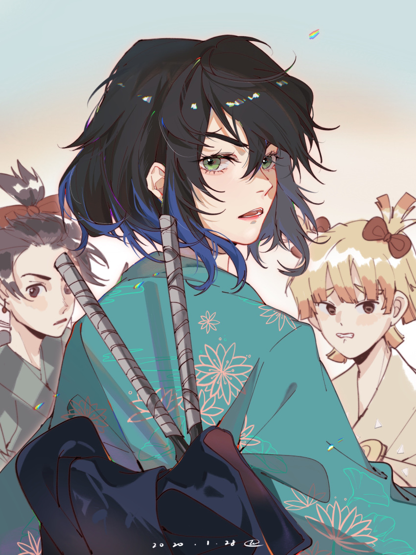 Safebooru - 3boys absurdres agatsuma zenitsu black hair black sash blue ...