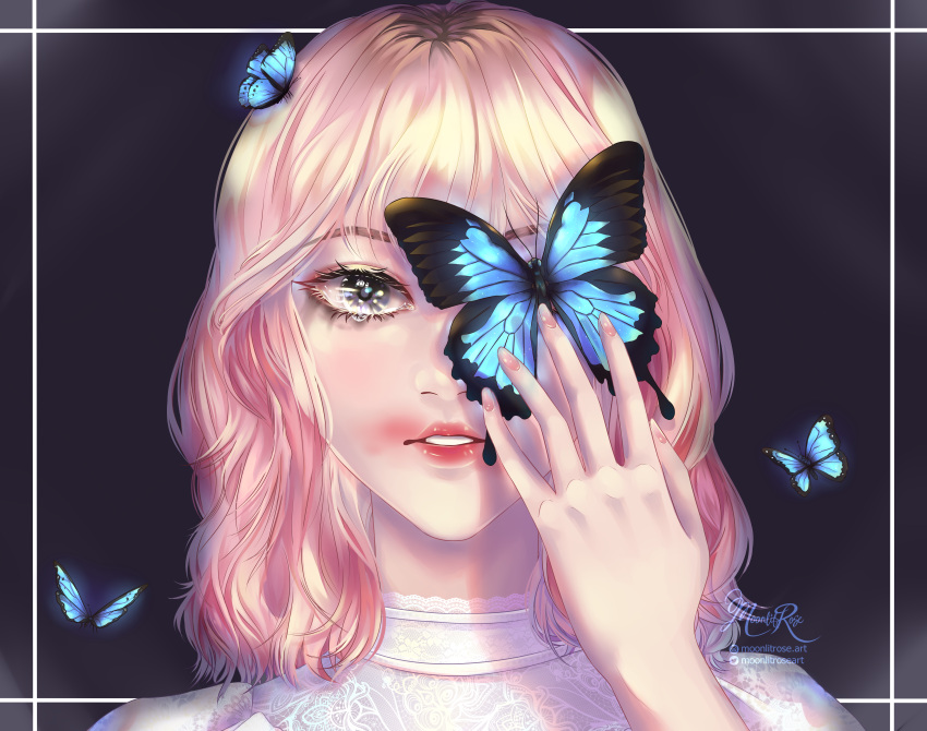 Safebooru - 1girl absurdres artist name black background blonde hair blue butterfly blunt bangs ...