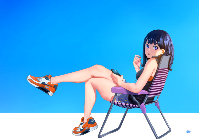 Safebooru - 1girl alternate costume bangs bare arms bare legs beach chair black hair black shirt ...
