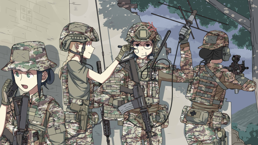 Safebooru - 4girls anger vein assault rifle backwards hat baseball cap black hair blonde hair ...