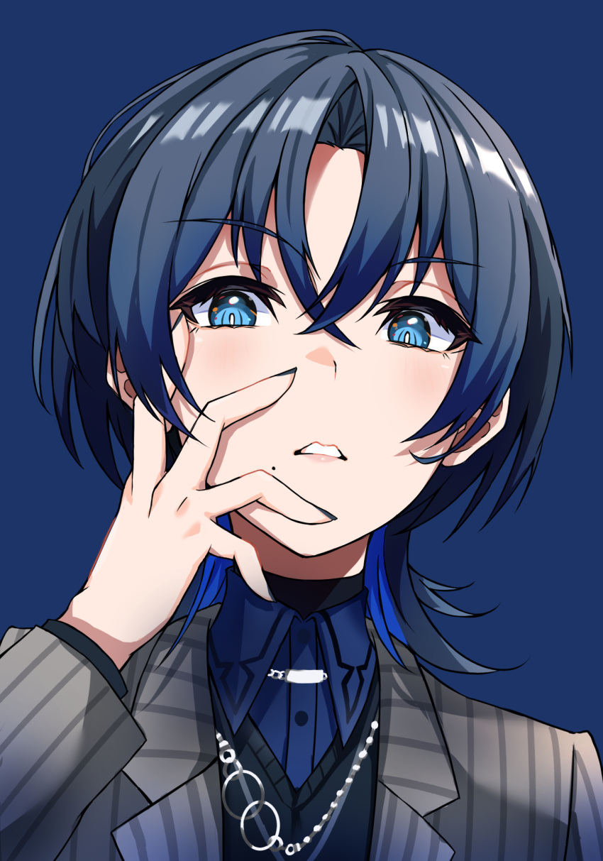Safebooru - 1girl black hair black sweater blue background blue eyes ...