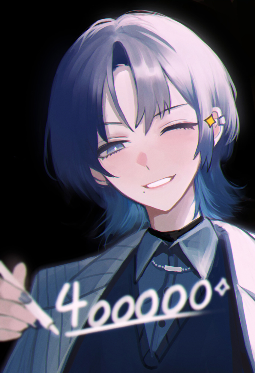 Safebooru - 1girl absurdres black background black sweater blue eyes ...