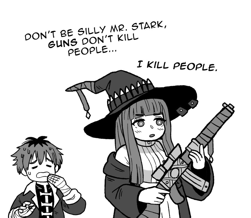 Safebooru - 1boy 1girl :o bandaged arm bandages blunt bangs blush dress ...