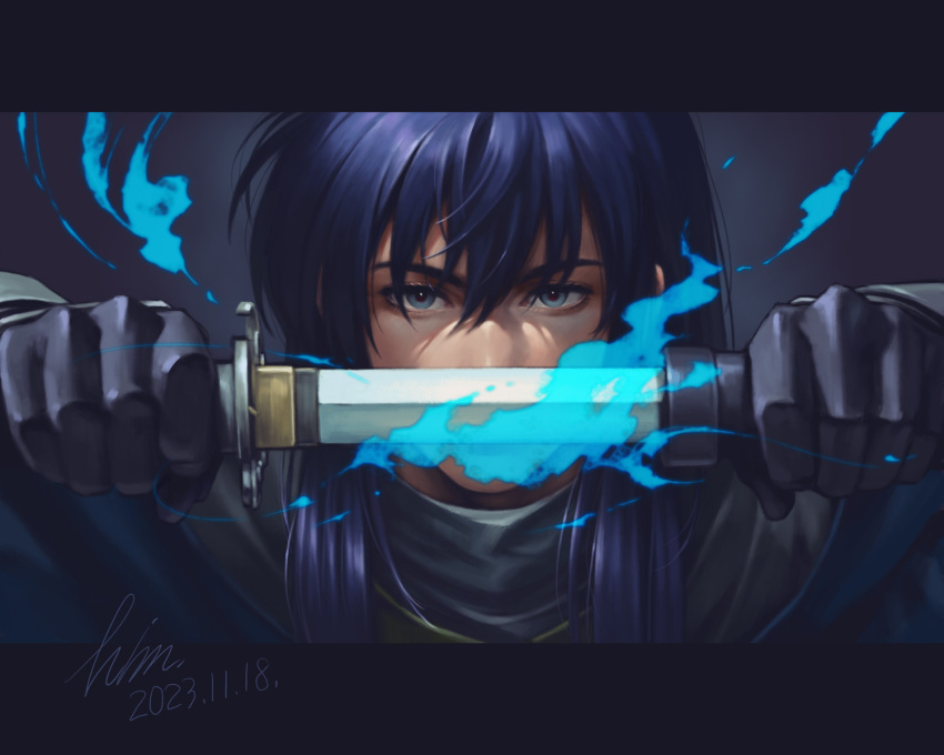 Safebooru - 1boy black gloves blue eyes blue fire blue hair dated dias flac fire gloves hair ...